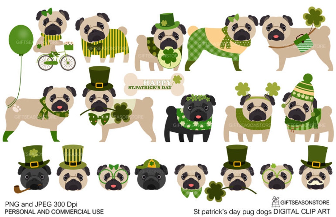 St.patrick's Day Pug Dogs Digital Clip Art for Personal and Commercial ...