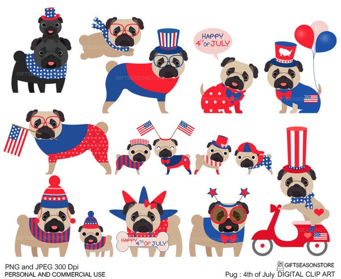 4th of July Pug Digital Clip Art for Personal and Commercial - Etsy
