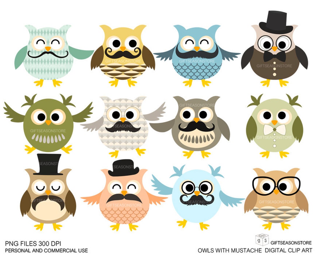 12 Owls With Mustache Digital Clip Art for Personal and Commercial Use ...