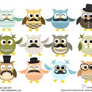 12 Owls With Mustache Digital Clip Art for Personal and - Etsy