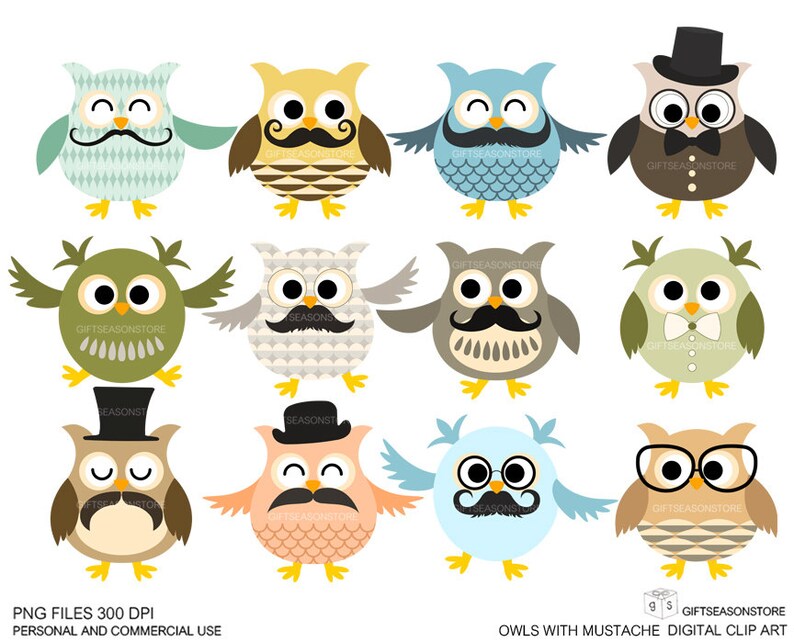 12 Owls With Mustache Digital Clip Art for Personal and - Etsy