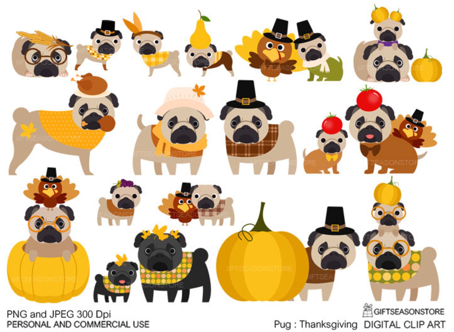 Thanksgiving Pug Digital Clip Art for Personal and Commercial - Etsy