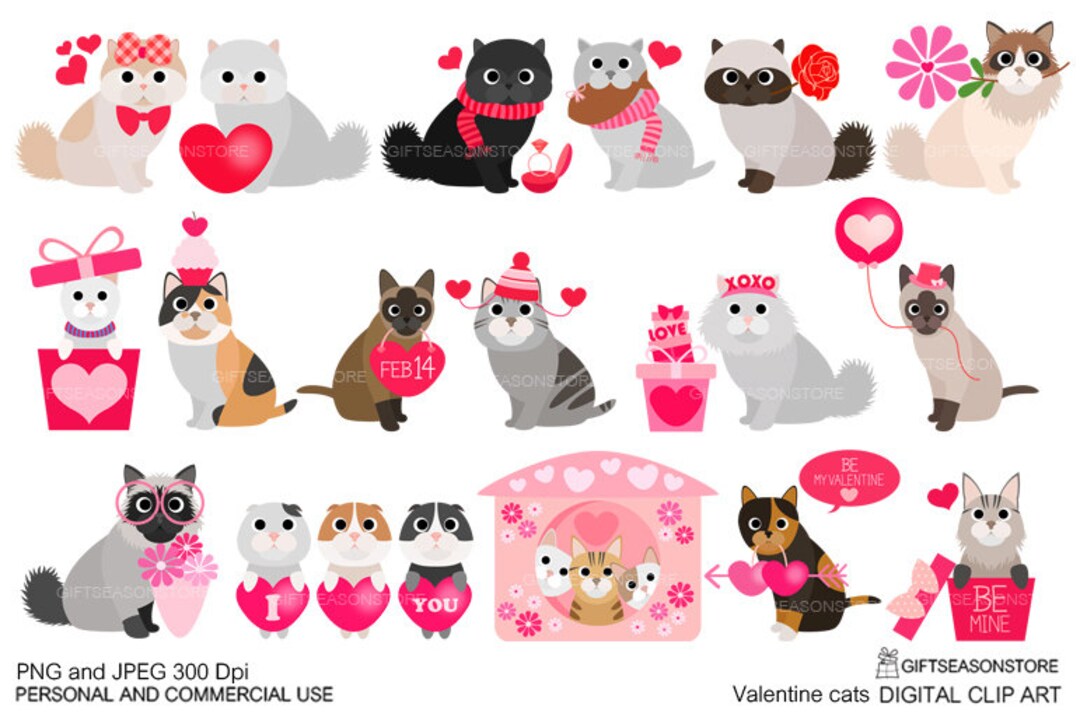 Valentine Cats Digital Clip Art for Personal and Commercial Use ...