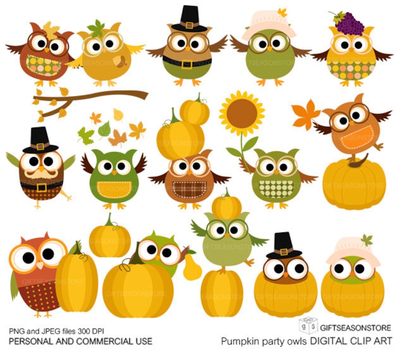 Pumpkin Party Owls Digital Clip Art for Personal and - Etsy