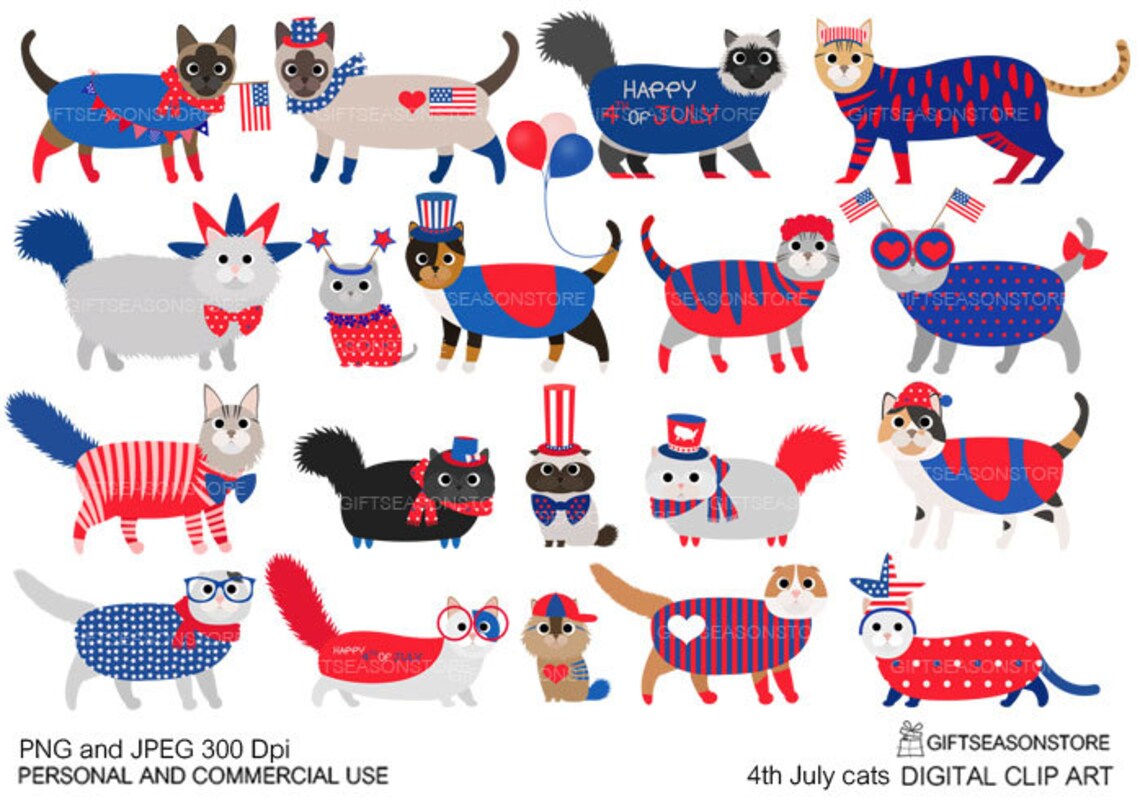 4th of July Cats Digital Clip Art for Personal and Commercial - Etsy