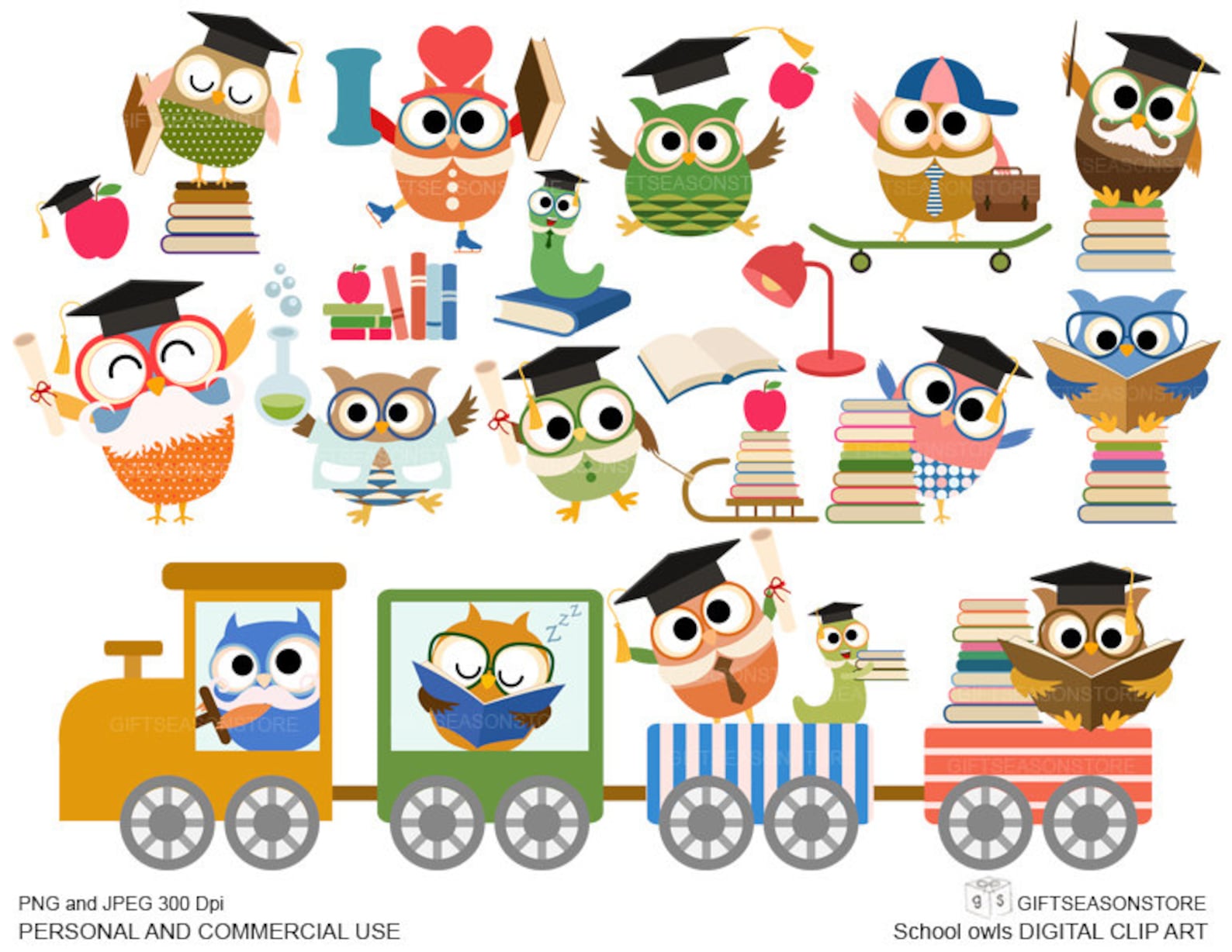 School Owls Digital Clip Art for Personal and Commercial Use - INSTANT ...