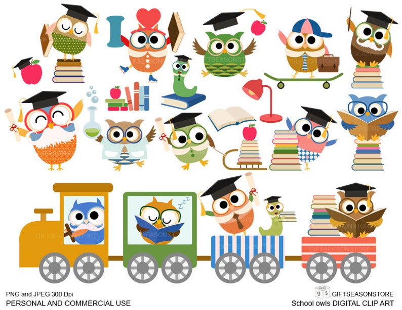 School Owls Digital Clip Art for Personal and Commercial Use - INSTANT ...