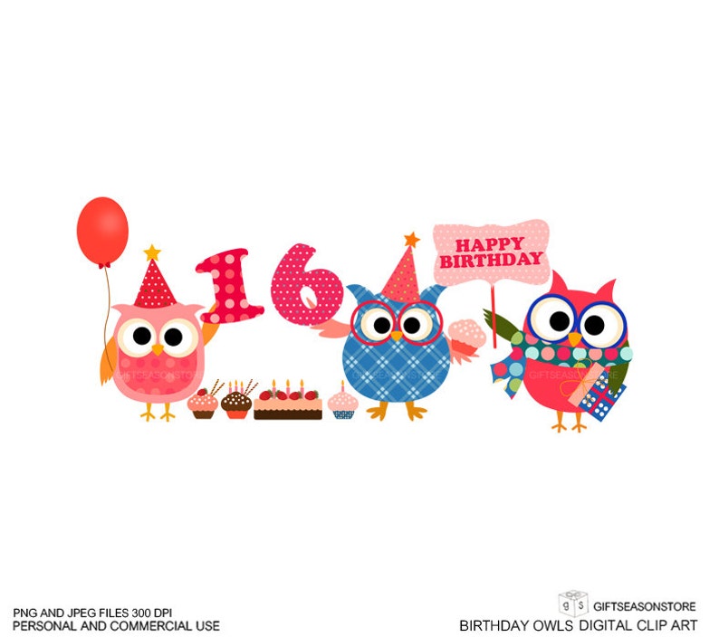 Birthday Owl Clip Art for Personal and Commercial Use - INSTANT ...