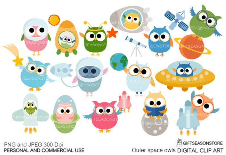 Outer Space Owls Digital Clip Art for Personal and Commercial Use ...