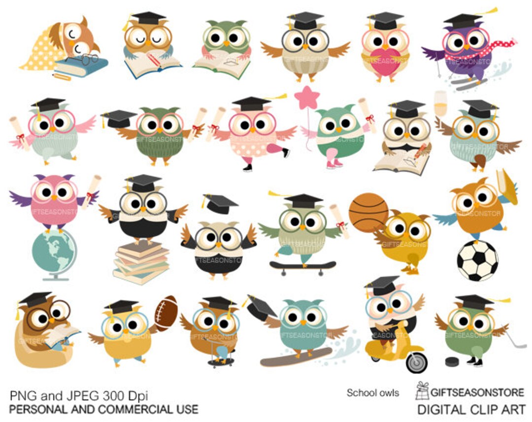 School Owls Digital Clip Art for Personal and Commercial Use - INSTANT ...