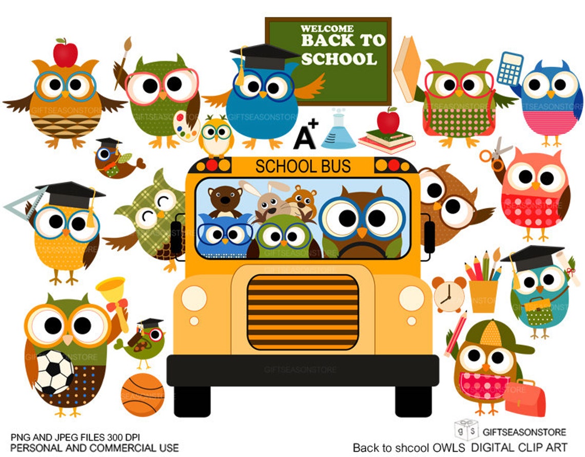 Back to School Owl Clip Art for Personal and Commercial Use - INSTANT ...