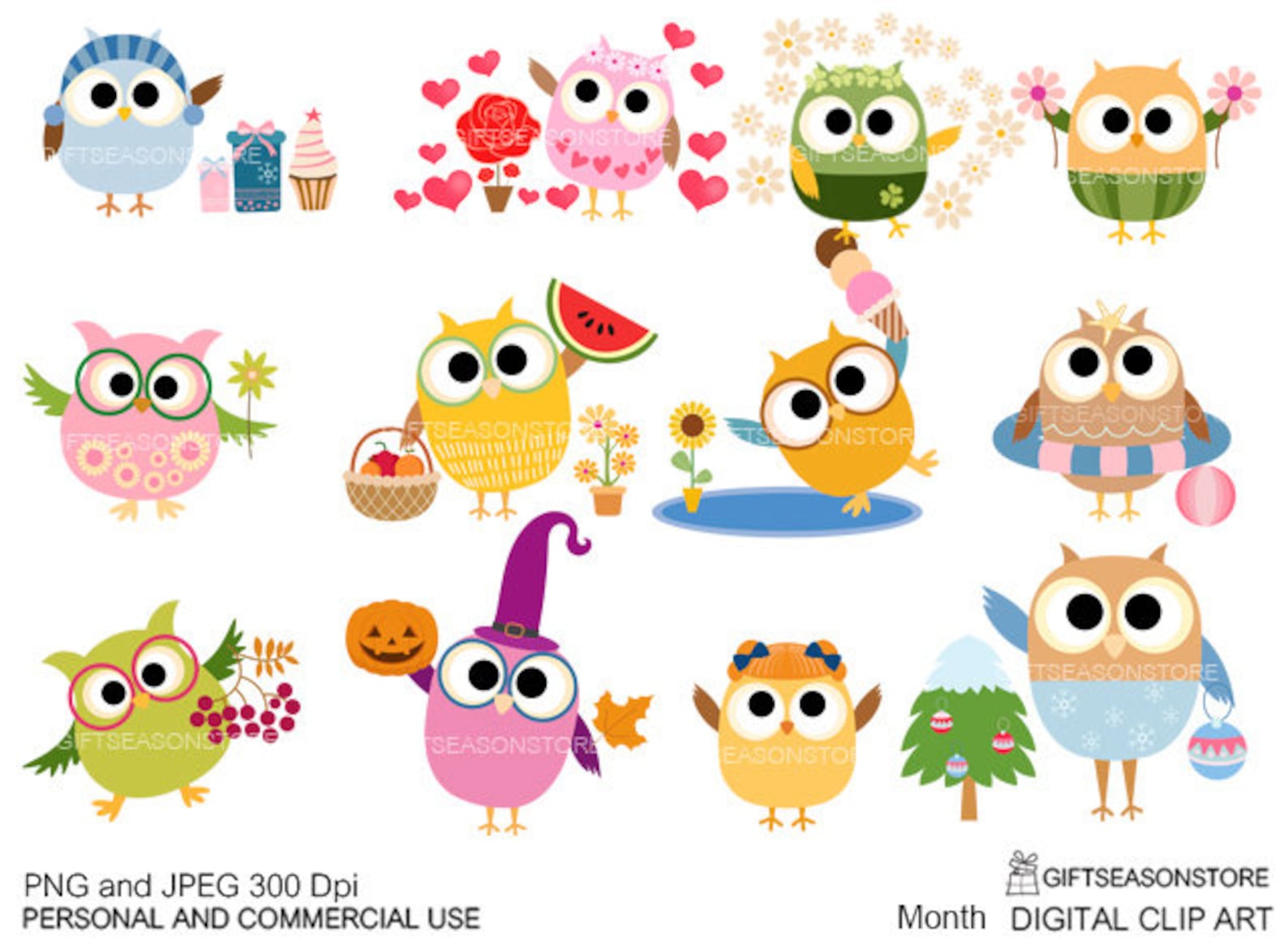 Month Owls Digital Clip Art for Personal and Commercial Use - INSTANT ...