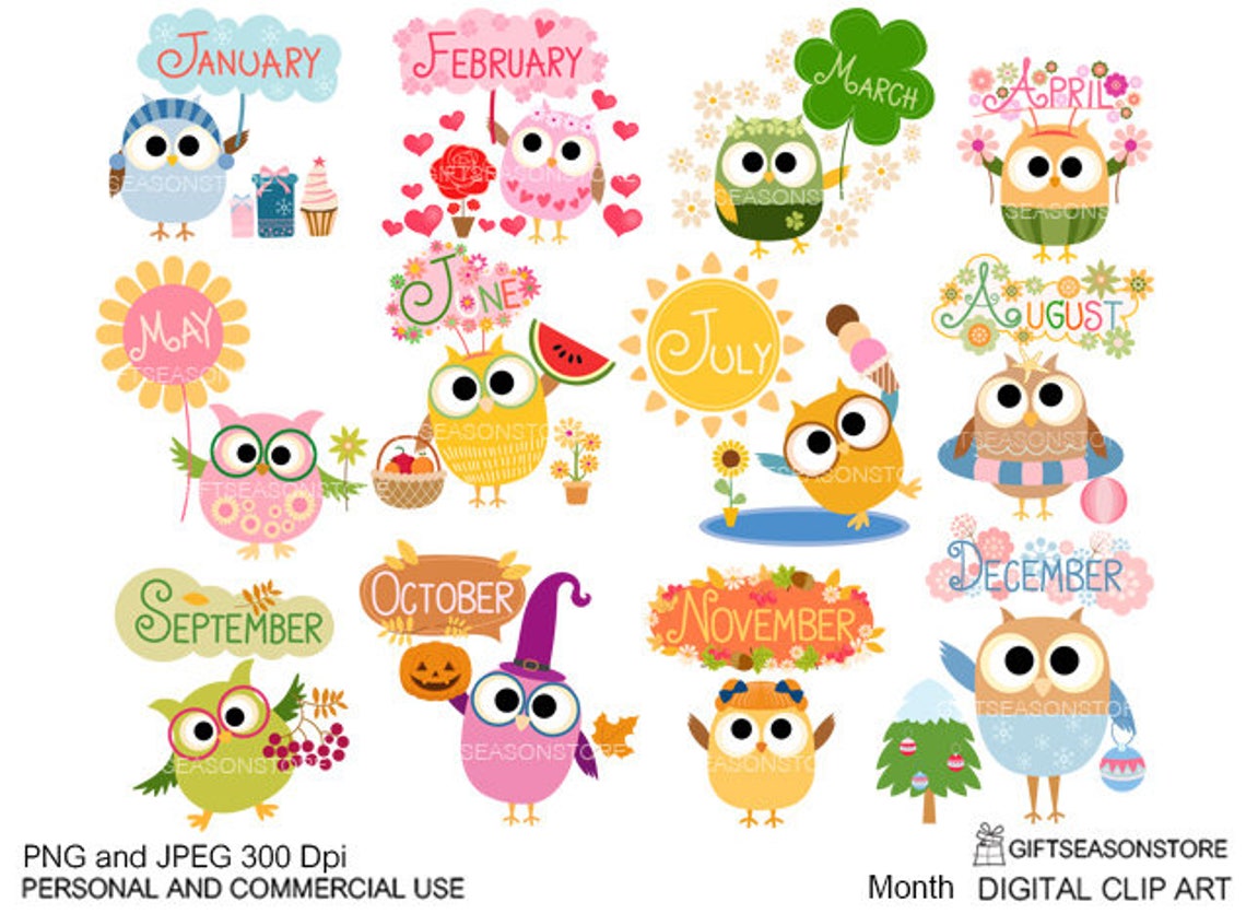 Month Owls Digital Clip Art for Personal and Commercial Use - INSTANT ...