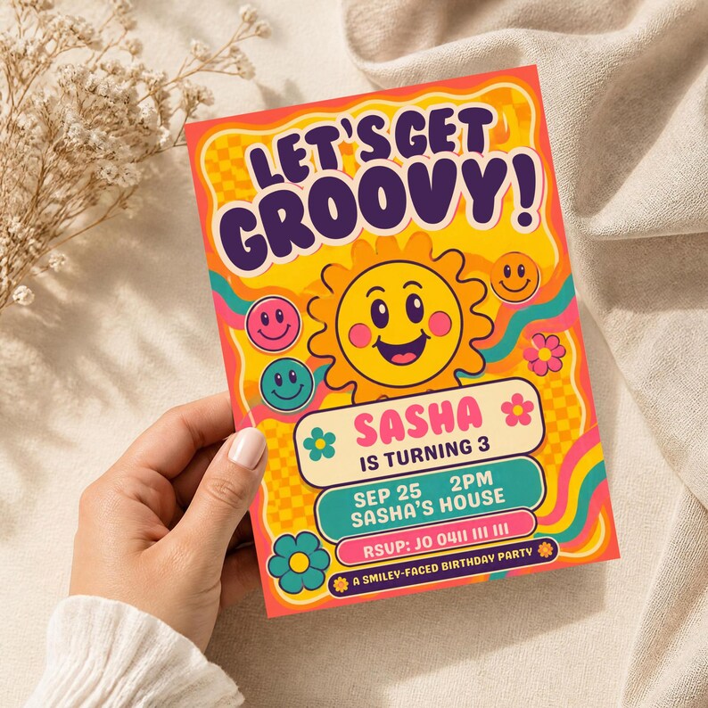 Smiley Face Retro Kids Birthday Invitation | Groovy 70s Party Template ...