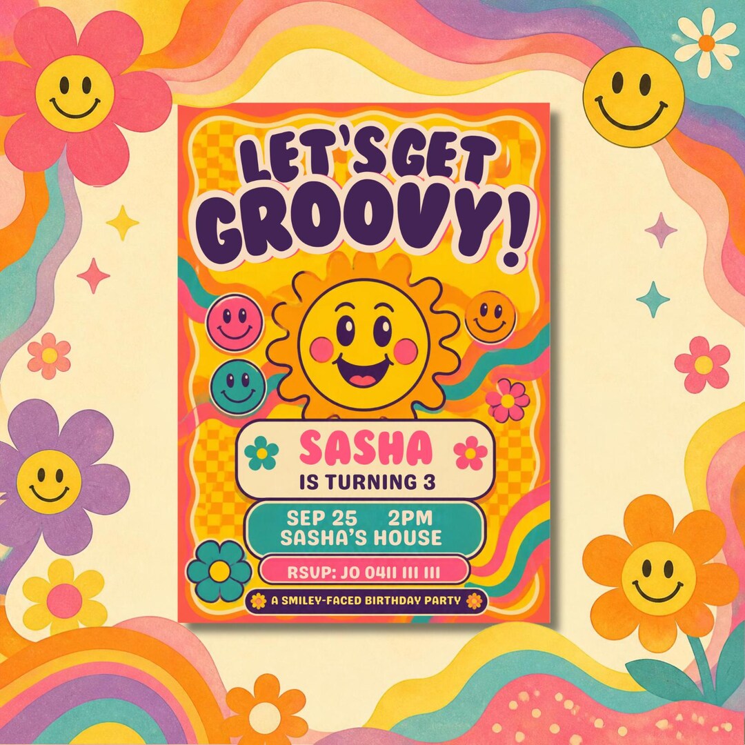 Smiley Face Retro Kids Birthday Invitation | Groovy 70s Party Template ...