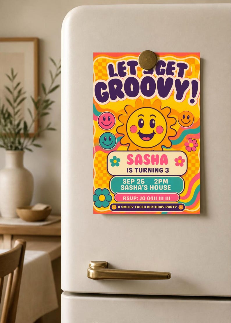 Smiley Face Retro Kids Birthday Invitation | Groovy 70s Party Template ...