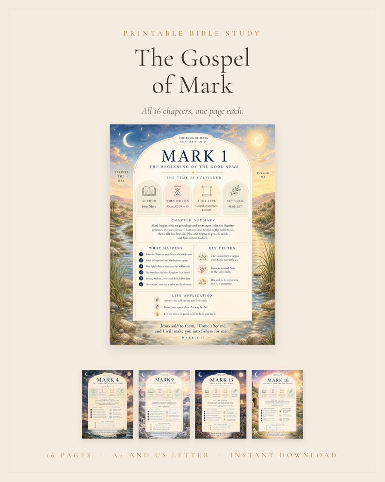 Bible Study Guide Mark 16 Chapters Printable, Gospel of Mark Study ...