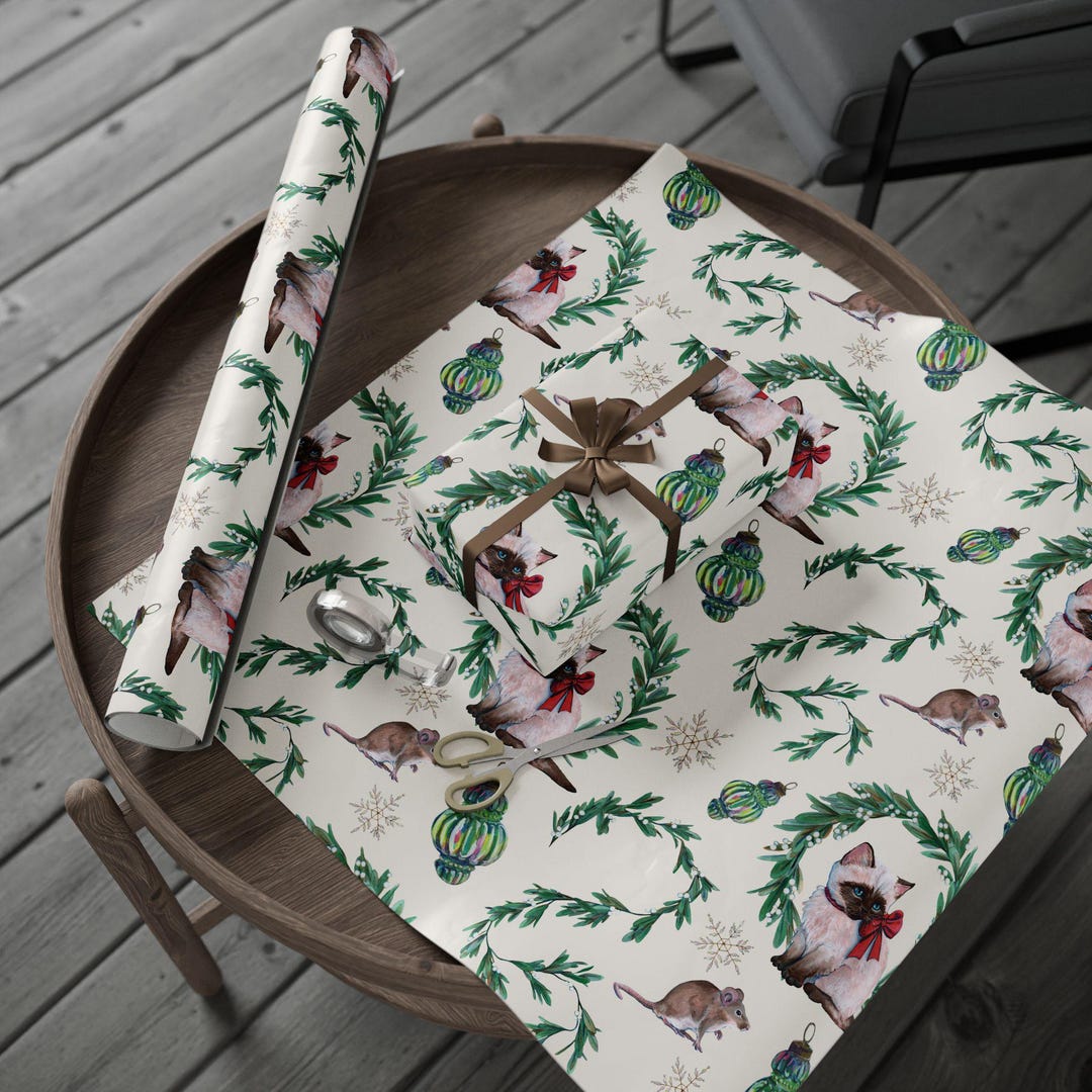 Christmas Kitten and Mistletoe Wrapping Paper Illustration Watercolor ...