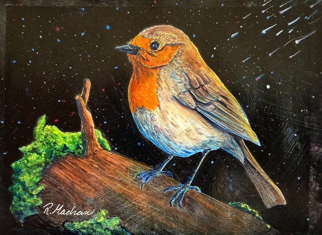 Original Signed Robin Painting 5x7 Gouache Paper Bird Nature Art Mixed ...