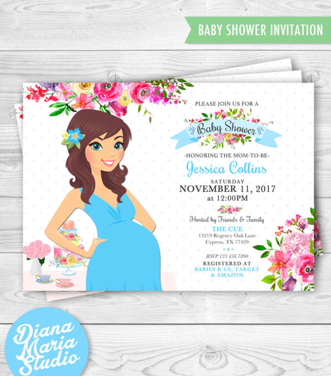 Floral Baby Shower Invitation: Personalized Mom-to-be Illustration ...