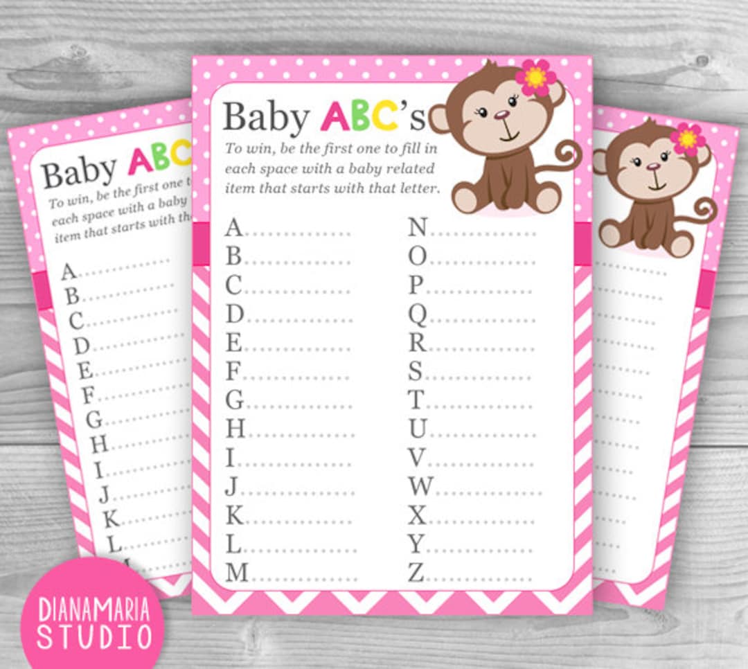 Monkey Baby Shower Games - Baby ABC - Printable Digital Games Girl Baby ...
