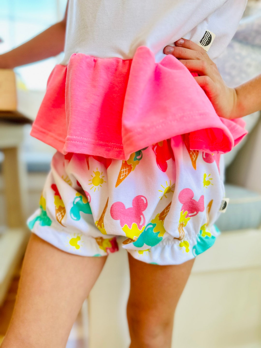 Girls Mickey Ice Cream Ruffle Shorts / Shorties for Kids, Neon Disney ...