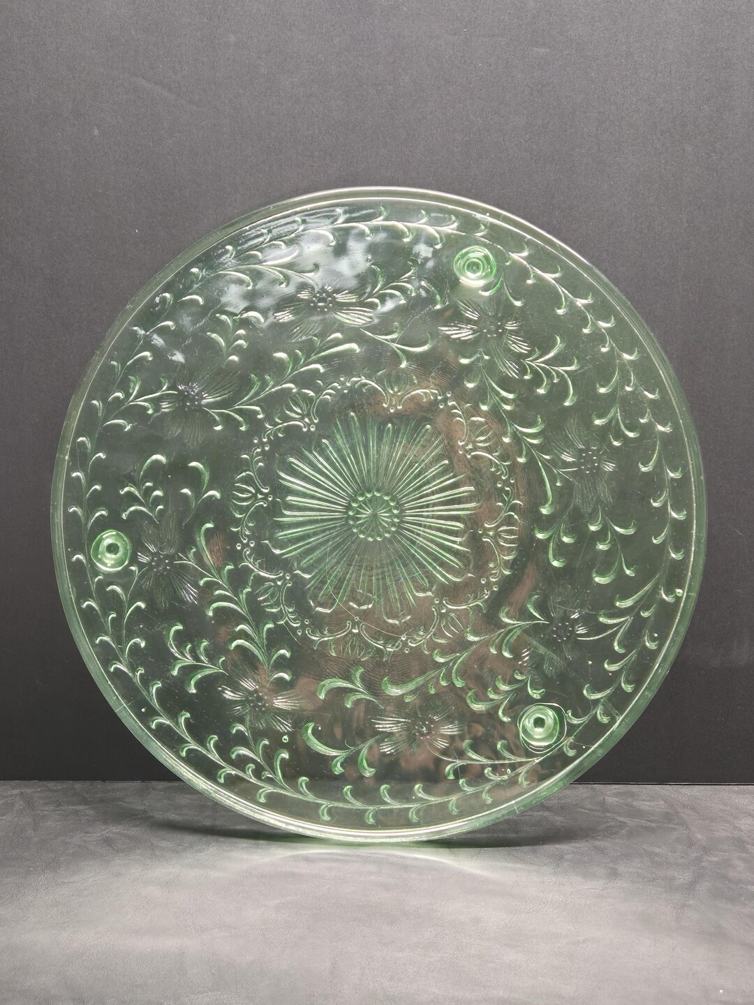 Uranium Green Glass Footed Cake Plate-shaggy Rose Pattern 12.75 Inch ...