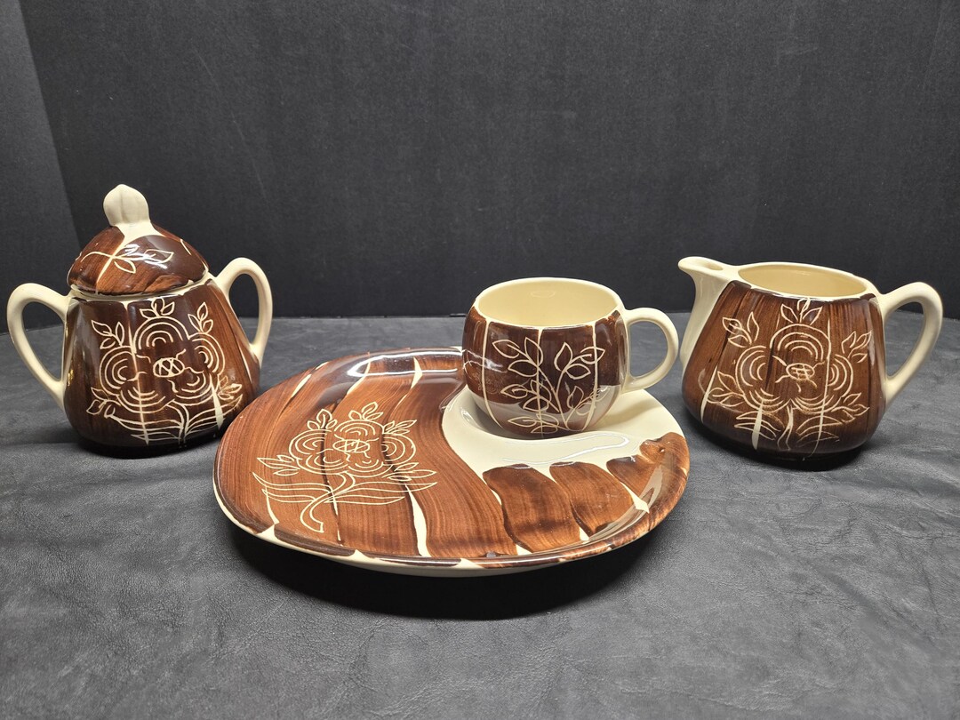 Purinton Intaglio Brown Snack Plate & Cup Set/ Creamer and Sugar Set - Etsy