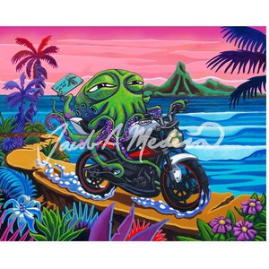 Biker Octopus Motorcycle Art Print Hawaii Wall Art Nautical Ocean Beach ...