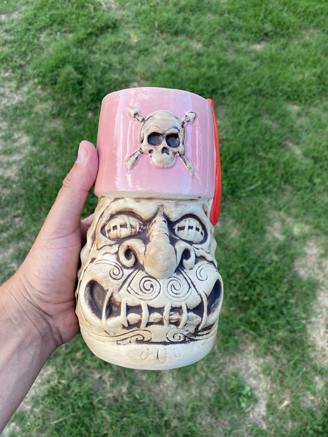 Tiki Mug Shrunken Monkey Head Pink Fez Tiki Bar Decor Ceramic Hawaii ...