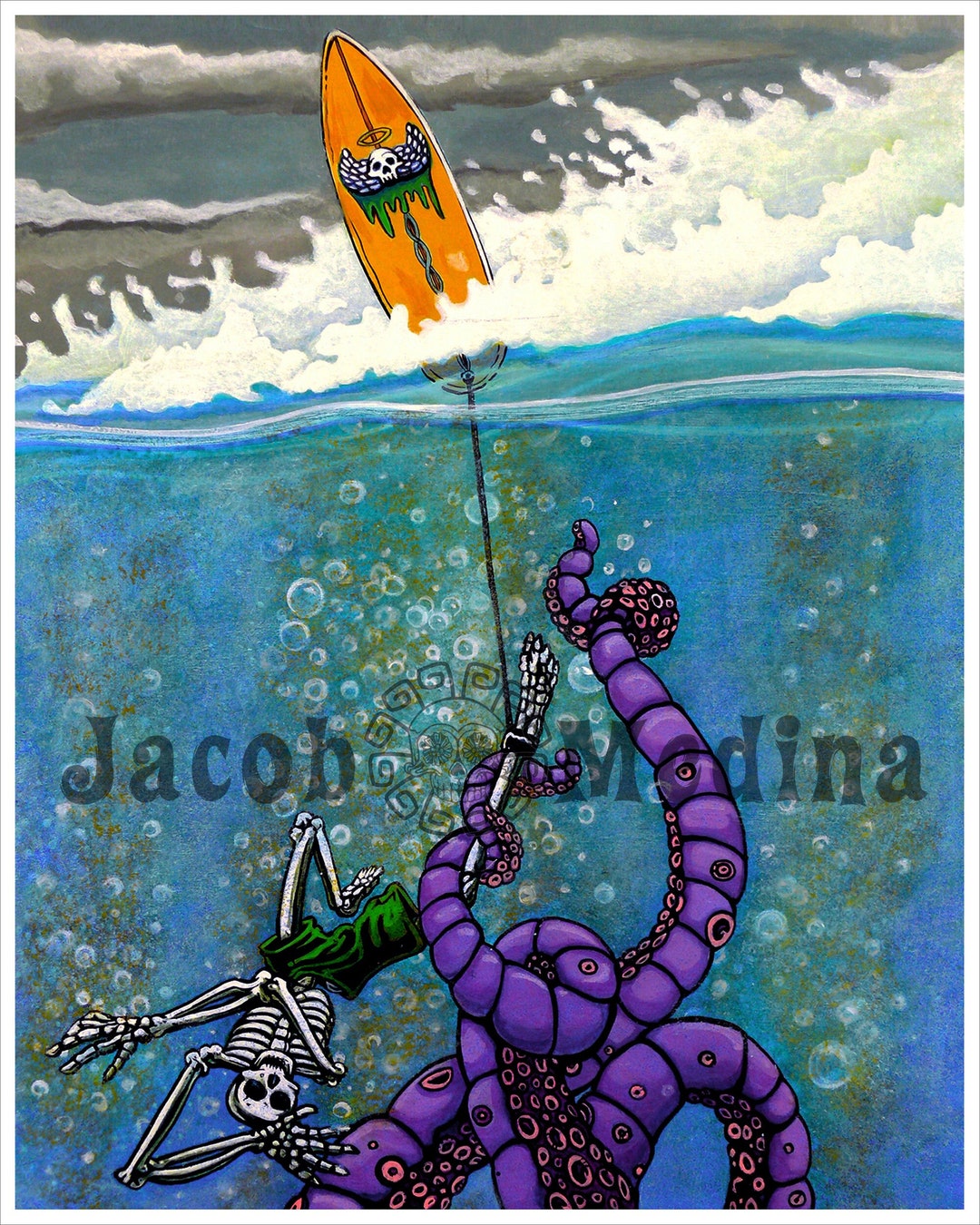 Surfing Art Print of Kraken Sea Monster Wall Art of Skeleton Surfer ...