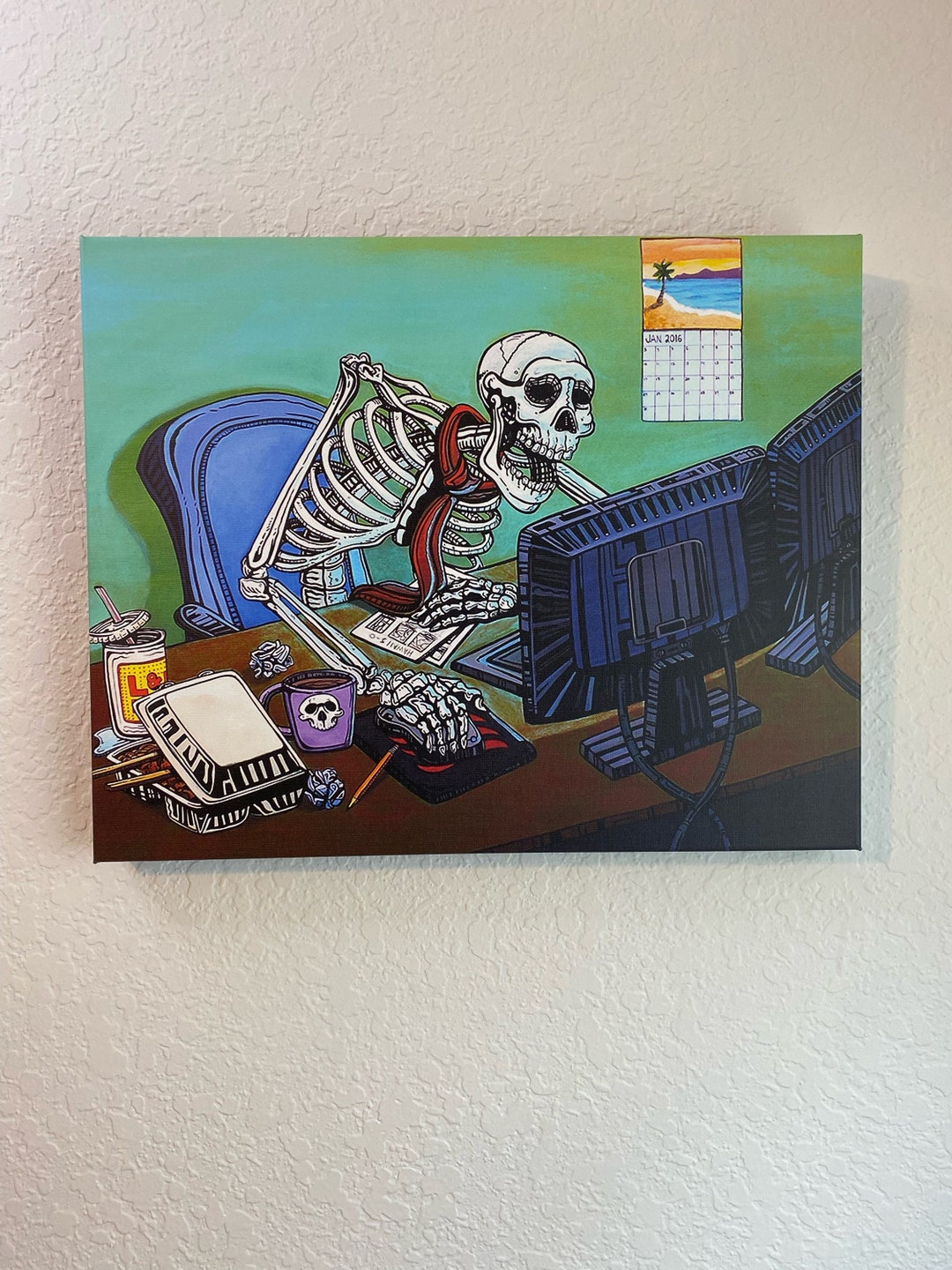 Father's Day Gift Skull Canvas Print 16x20, Workaholic, Gamer Room ...