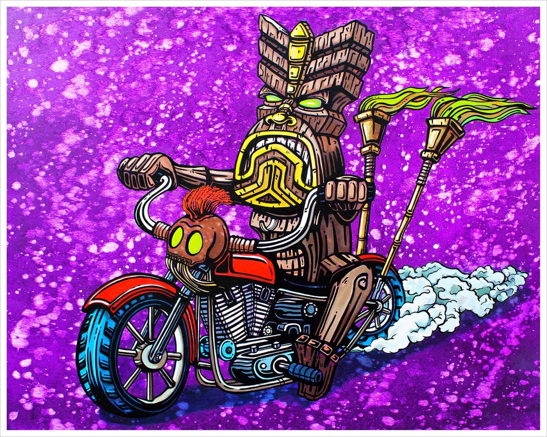 Highway to Hilo, Motorcycle Art, Art Print, Bike Lover, Tiki Art, Tikis ...