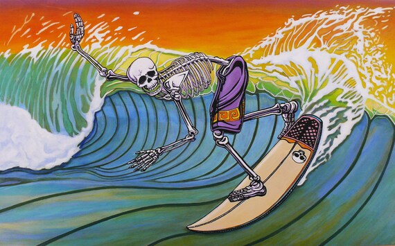 SURF ART PRINT Day of the Dead Surfer Skelton Surfer | Etsy