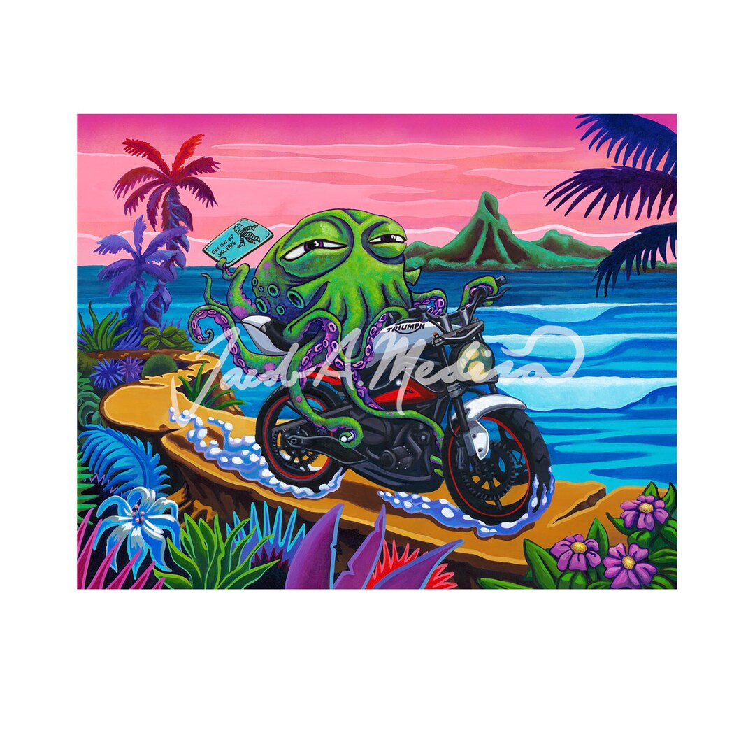 Biker Octopus Motorcycle Art Print Hawaii Wall Art Nautical Ocean Beach ...