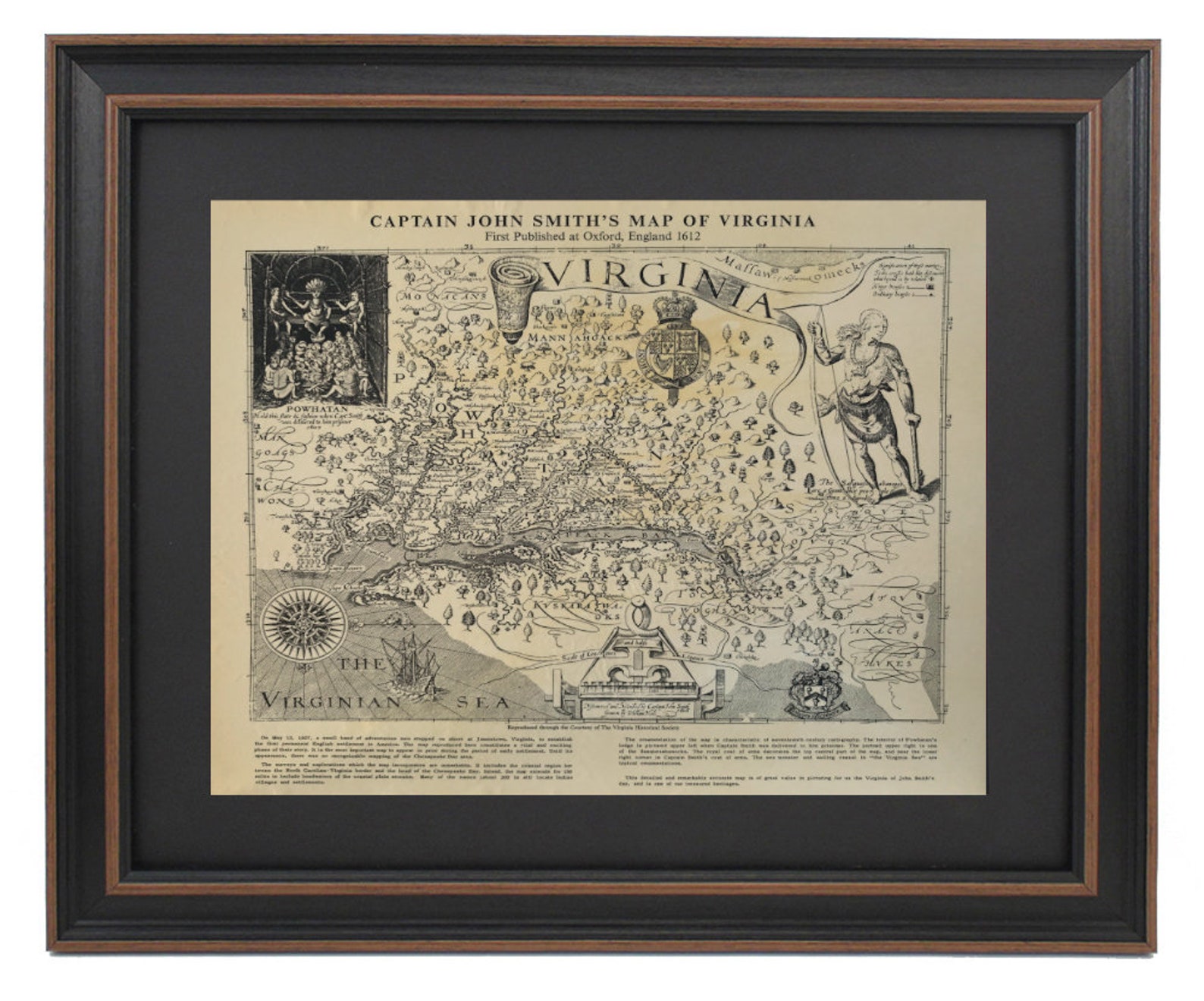 Framed Captain John Smith's Map of Virginia 1612. Handmade in USA. Free ...