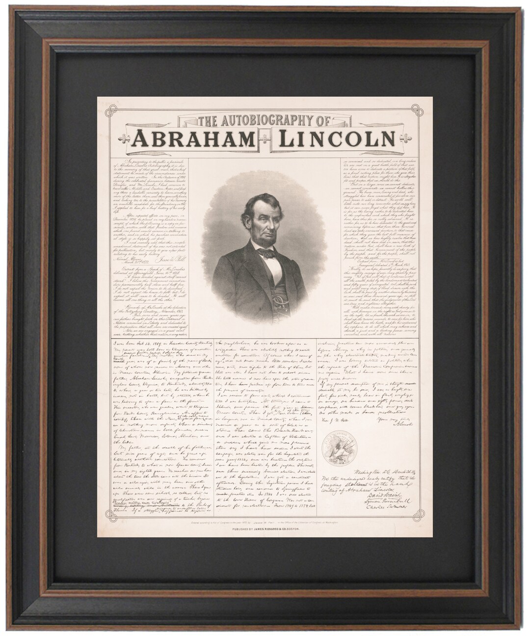 Framed Autobiography of Abraham Lincoln by Jesse W. Fell, Circa 1872 ...
