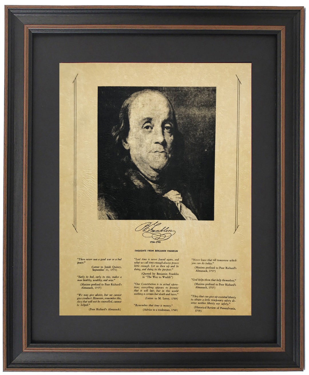 Framed Benjamin Franklin Portrait & Quotes. History Buff Gift. Handmade ...