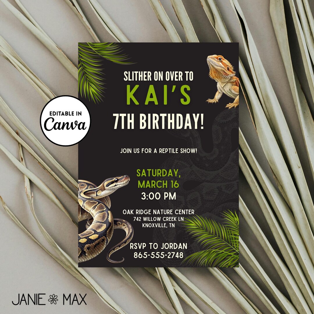 Reptile Birthday Invitation, Snake Party Invite for Kids, Editable ...