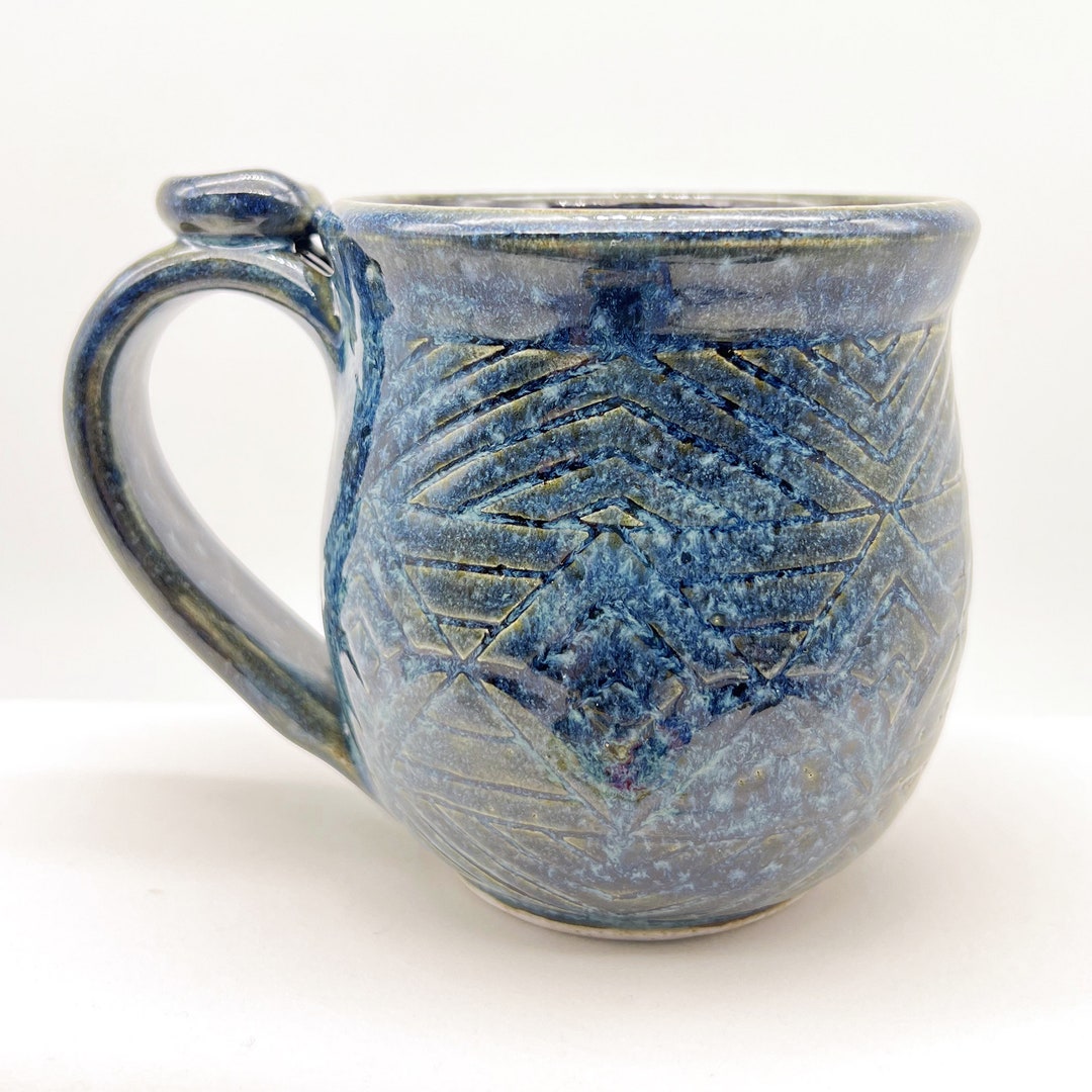 Handmade, Hand Carved, Ceramic Mug, Shades of Blue Glaze - Etsy