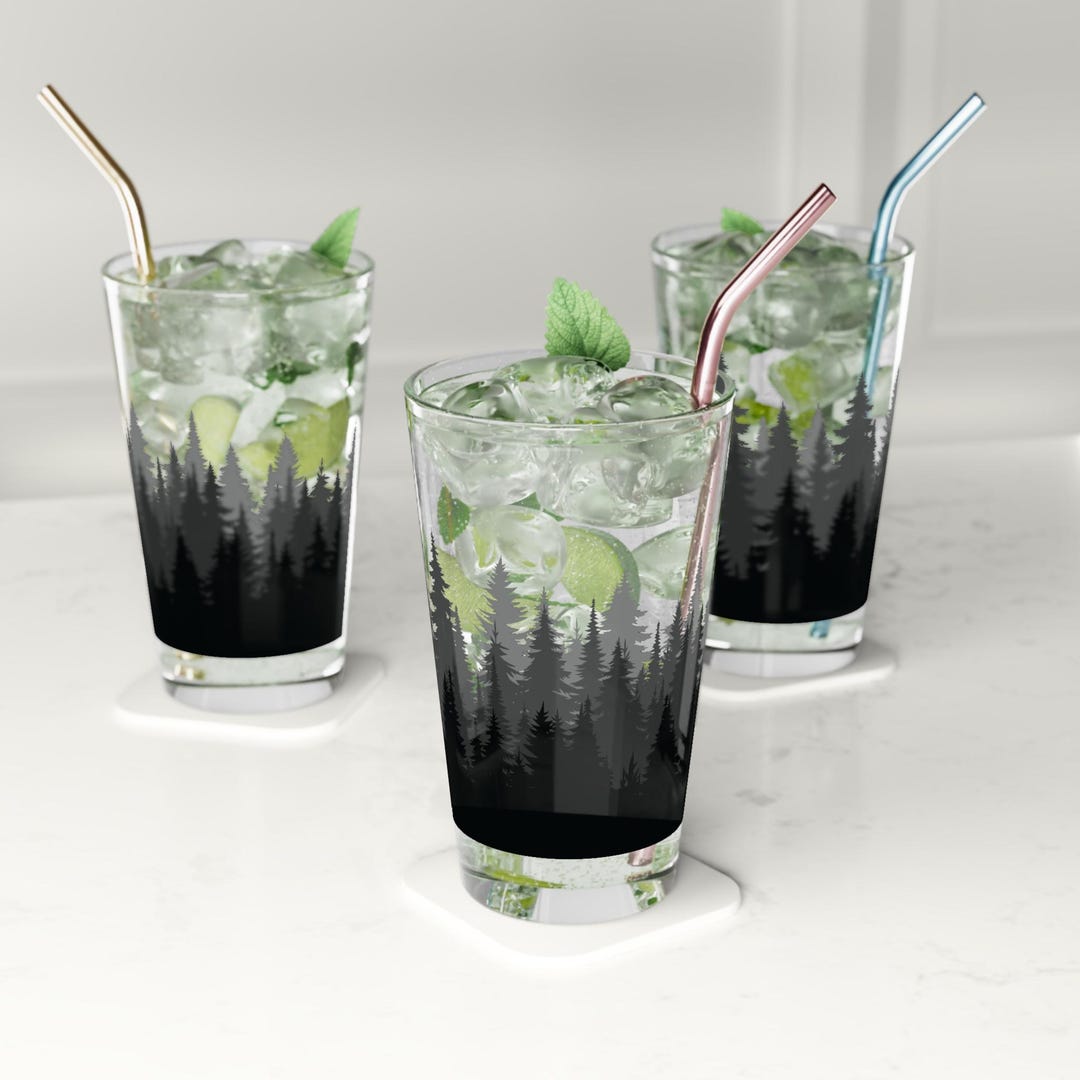 Nature Themed Print Glasses, Forest Silhouette Pint Glass, Printed Full ...
