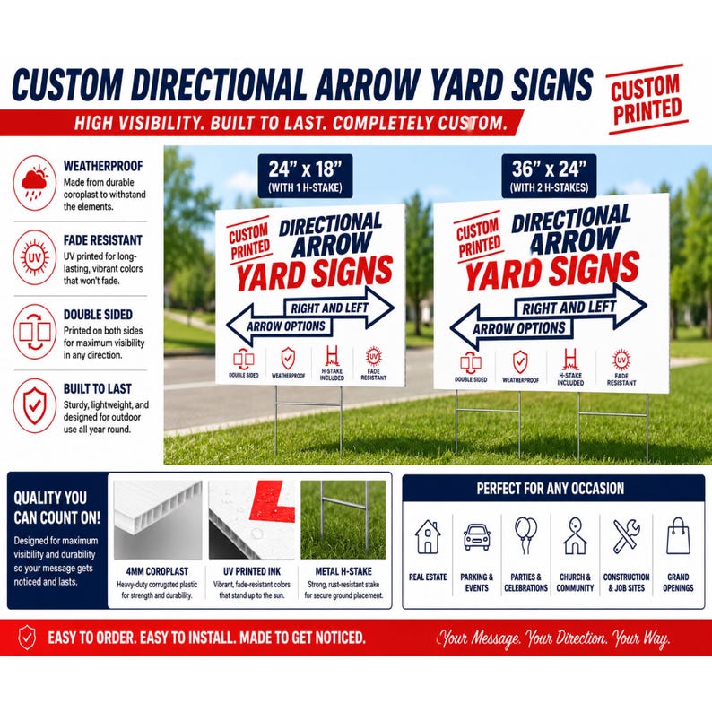 Custom Directional Arrow Yard Sign, Double Sided, Weatherproof, Metal H ...