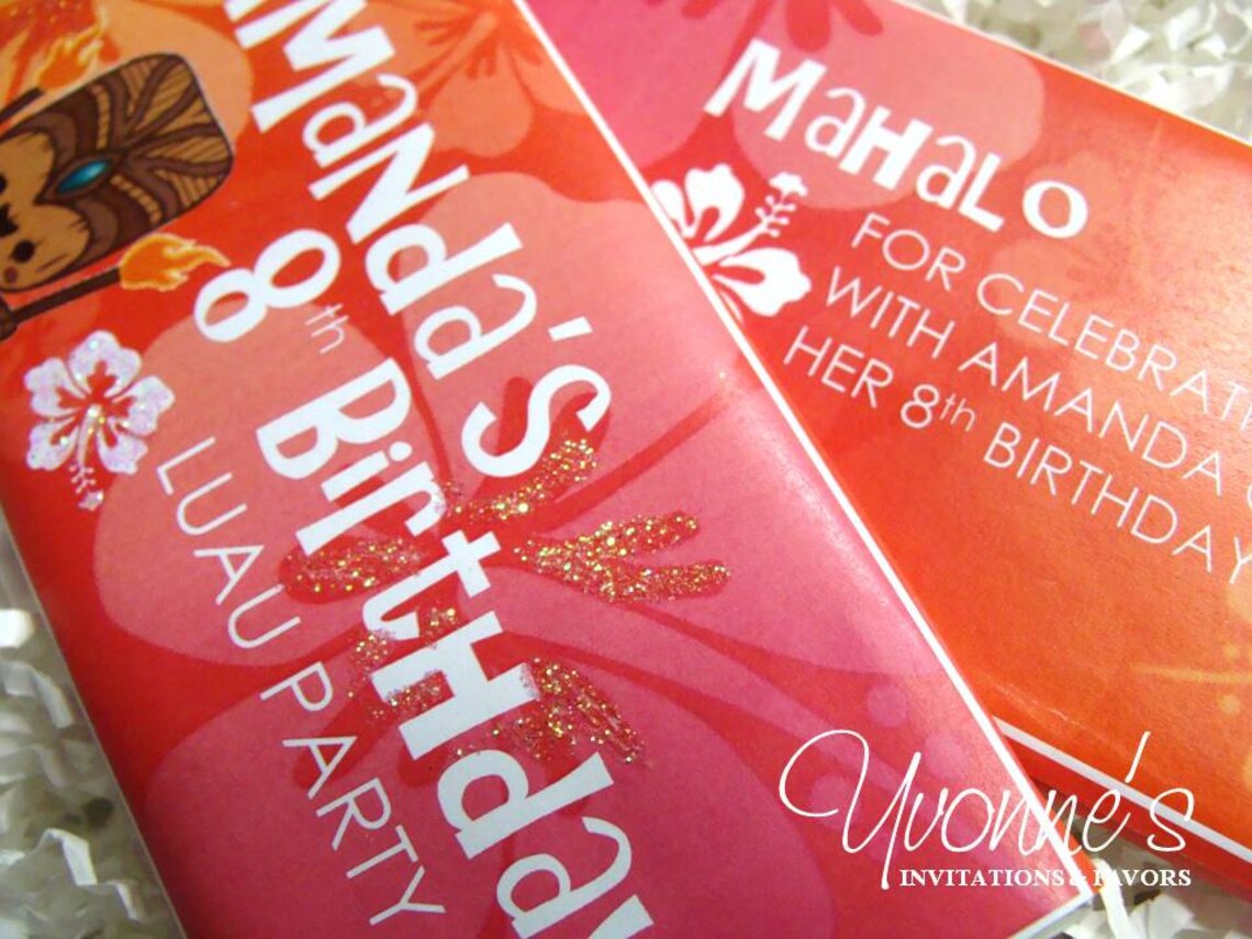 Hawaiian Luau Assembled Candy Bar Wrappers With Chocolate Bar Favor-for ...