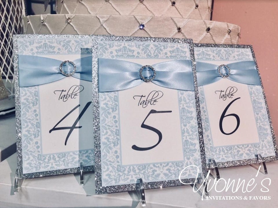 Table Numbers in Light Blue-Silver with Ribbon Bling Glitter | Etsy