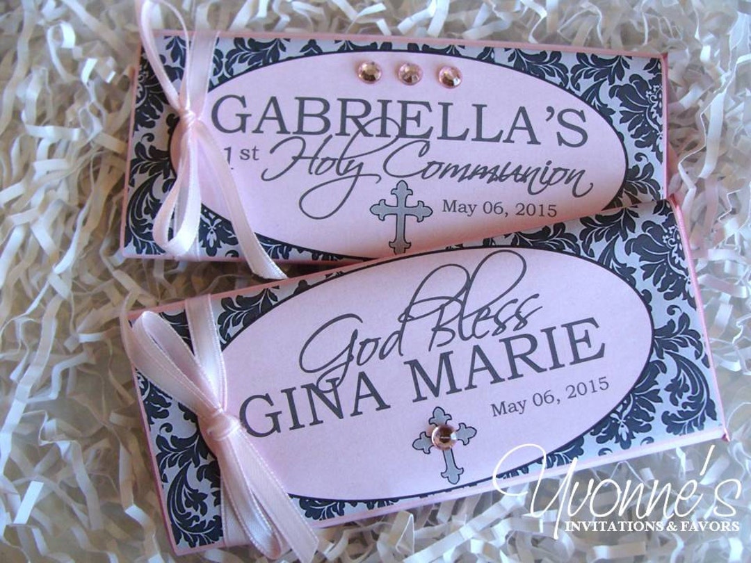 Communion Christening Candy Bar Wrappers Pink Girl Damask - Chocolate ...