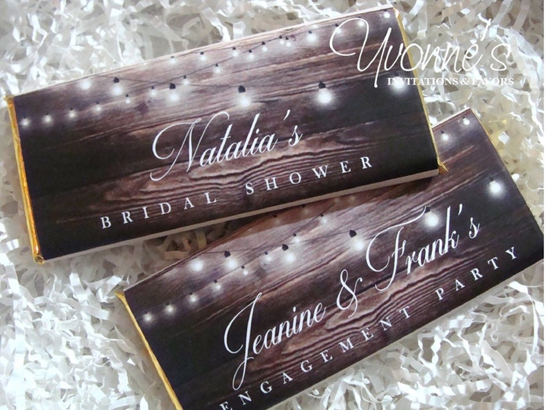 String Lights Wood Rustic Candy Bar Wrappers Assembled With Chocolate ...