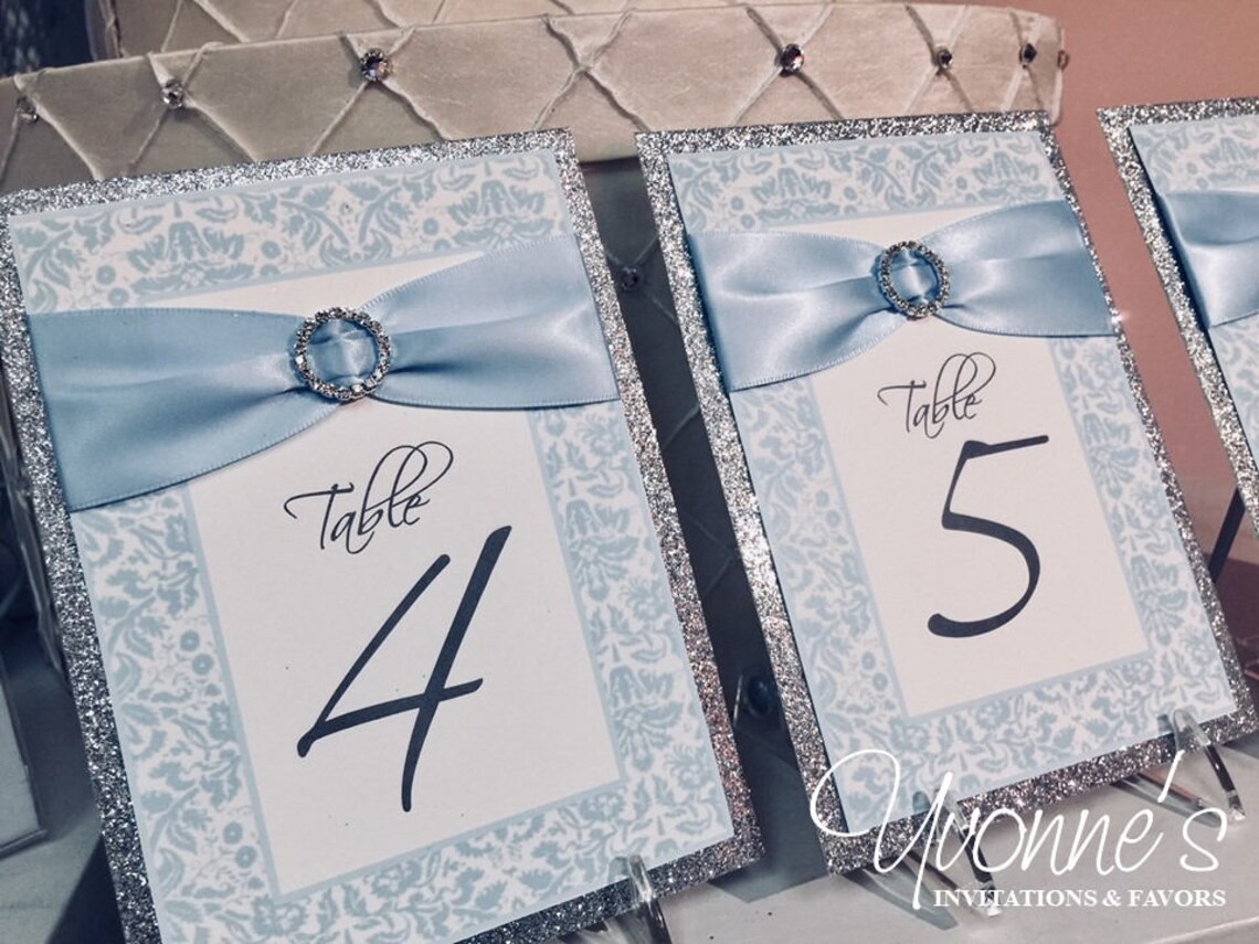 Table Numbers in Light Blue-silver With Ribbon Bling Glitter - Etsy