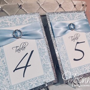 Table Numbers in Light Blue-silver With Ribbon, Bling, Glitter - for ...