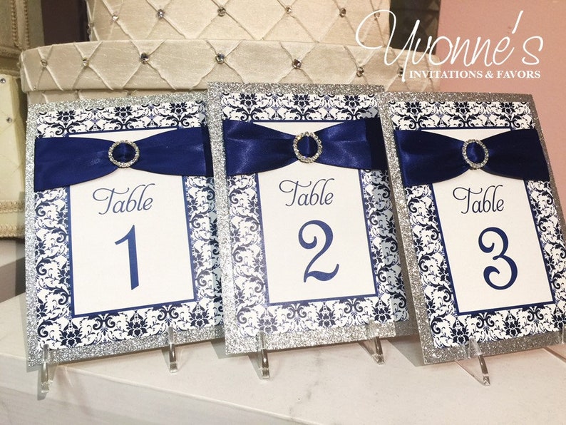 Table Numbers in Navy-silver-dark Blue With Ribbon Bling - Etsy
