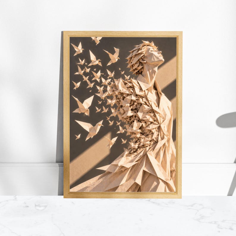 Origami Paper Boy Poster, Geometric Figure With Birds Wall Art, Beige ...